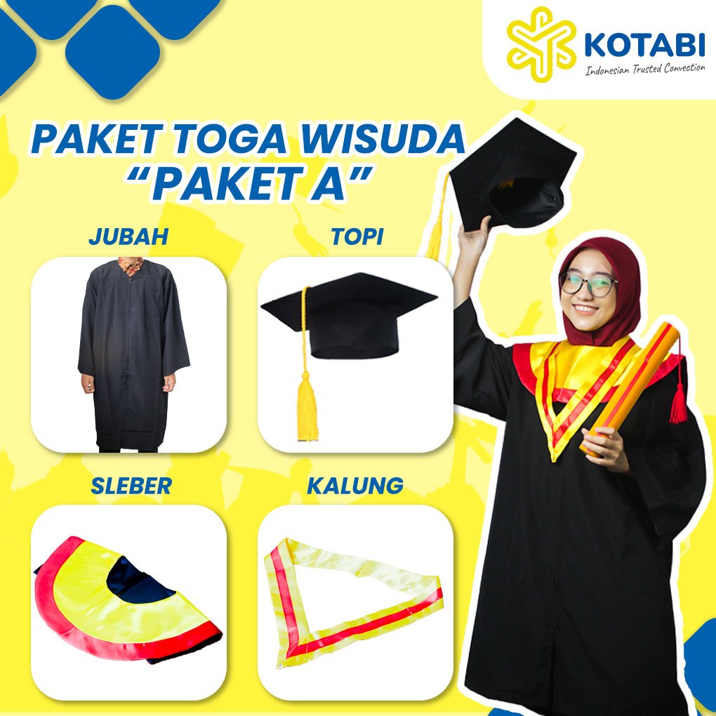 Jual Paket Toga Wisuda Dewasa Satuan Paket Perlengkapan Wisuda Kuning Lis Merah, Jubah, Sleber ...