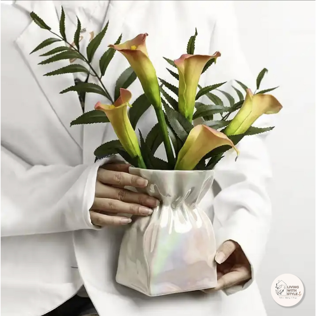 Jual Living With Style - Paper Bag Flower Vase Aesthetic Silver Pearl ...