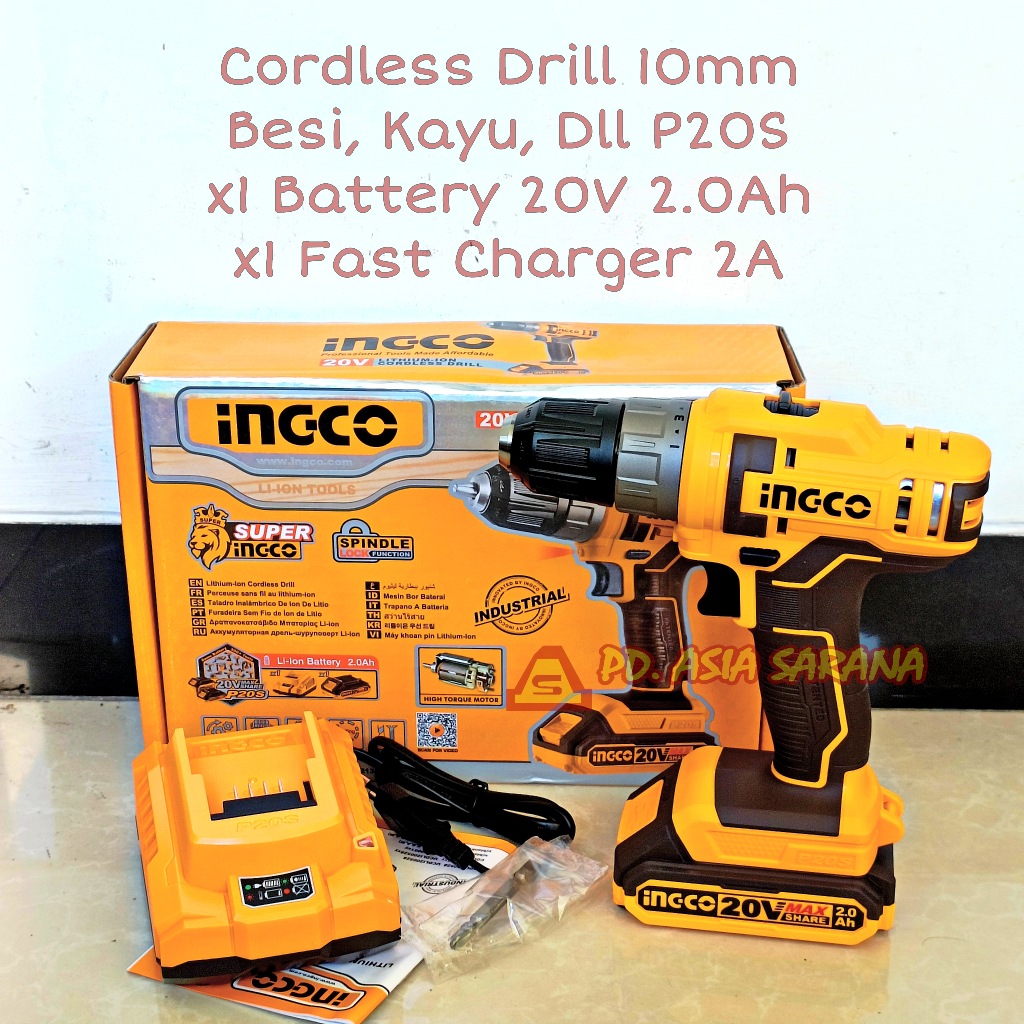 Jual Cordless Drill 10mm 20V Besi Kayu INGCO CDLI200518 Mesin Bor ...