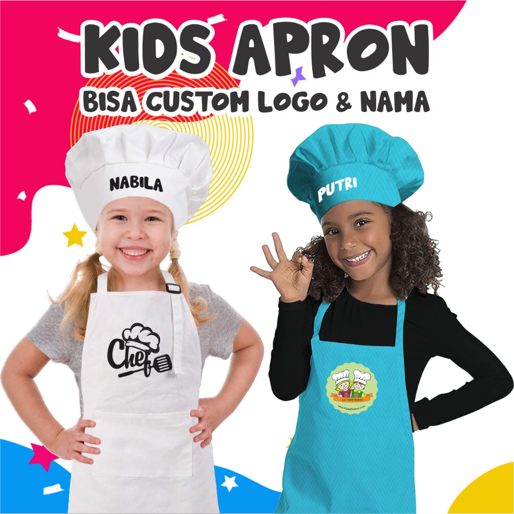 Jual Set Apron/Celemek dan Topi Koki untuk Anak, Bisa Custom Logo dan ...