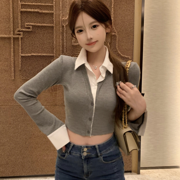 Jual Fake Two Pieces Crop Top Collar Long Sleeve 1773 (S/M/L/XL ...