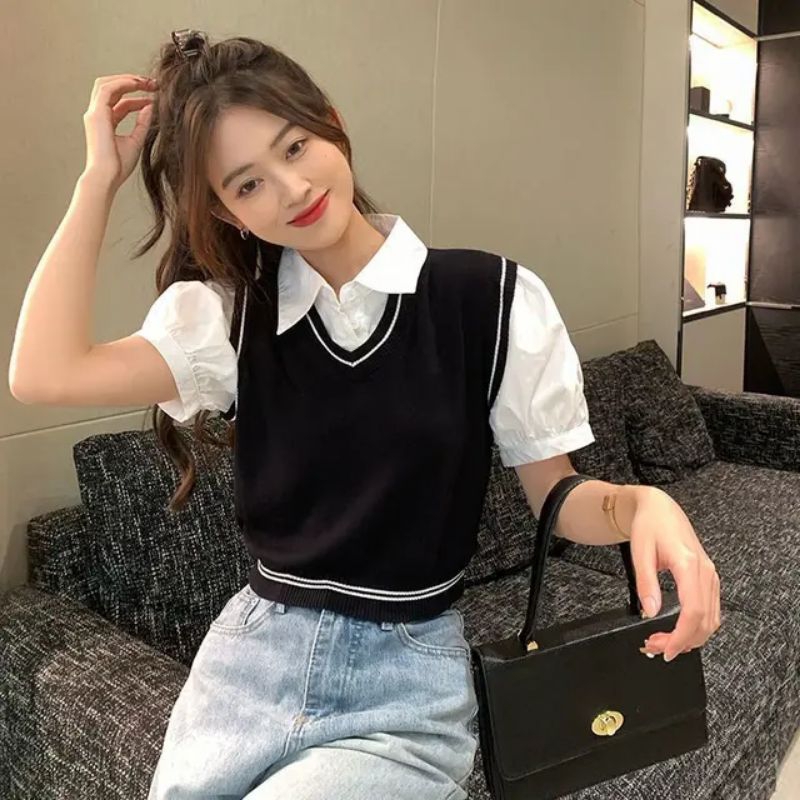 Jual Vest rompi rajut Atasan sweater list Blous strip wanita Outer top v-neck Shop knit crop ...