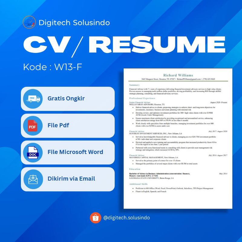 Jual Kode : W13 / CV ATS / CV ATS Friendly / Template CV / CV Desain / Jasa Bikin CV Kerja ...