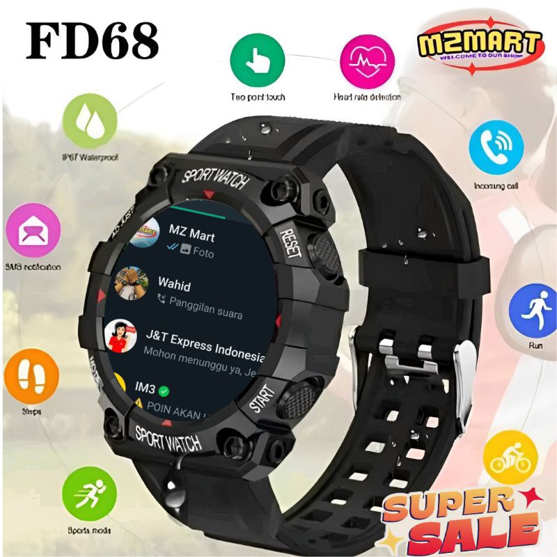 Jual Jam Tangan Hp Android Sport Pria Wanita Smartwatch FD68 Plus Swart ...