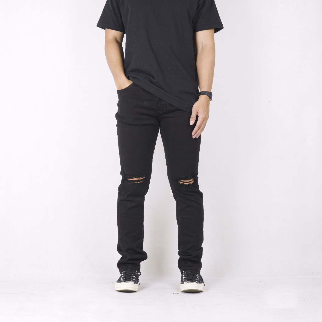 Jual Mr Pumpkin Denim Celana Jeans sobek lutut robek ripped Hitam ...