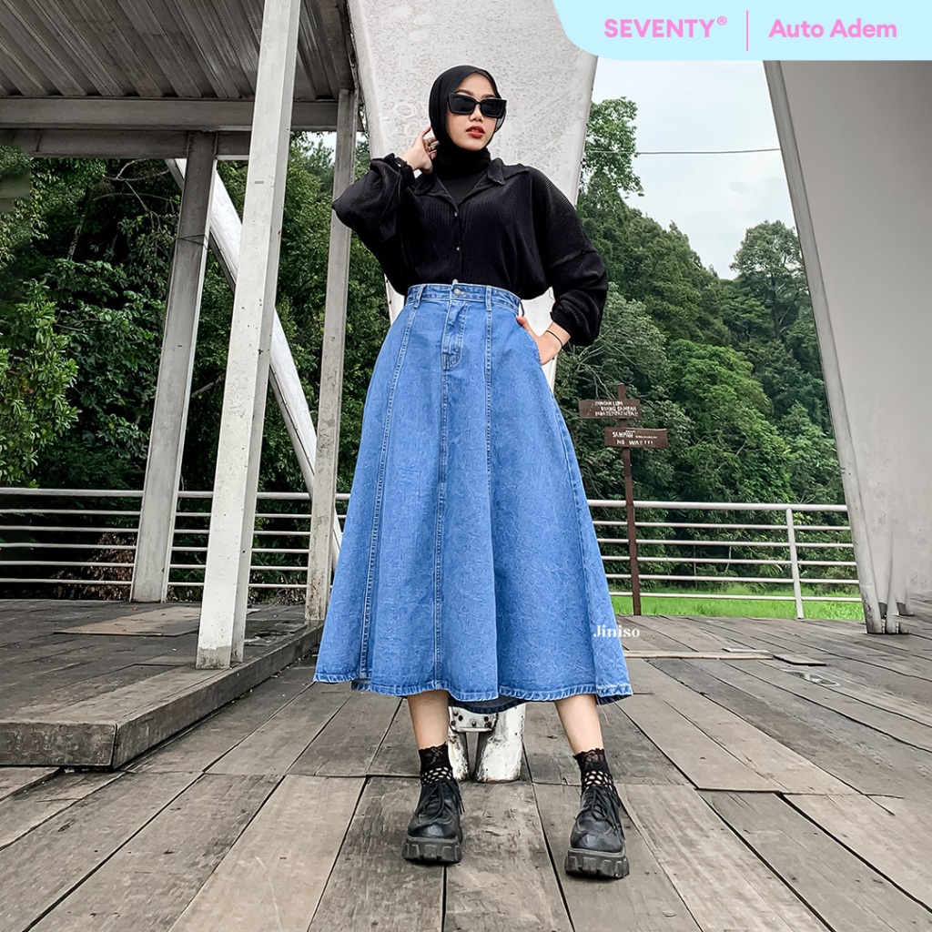 Jual JINISO - Highwaist Rok A-Line Jeans Panjang 902 SEVENTY | Shopee ...