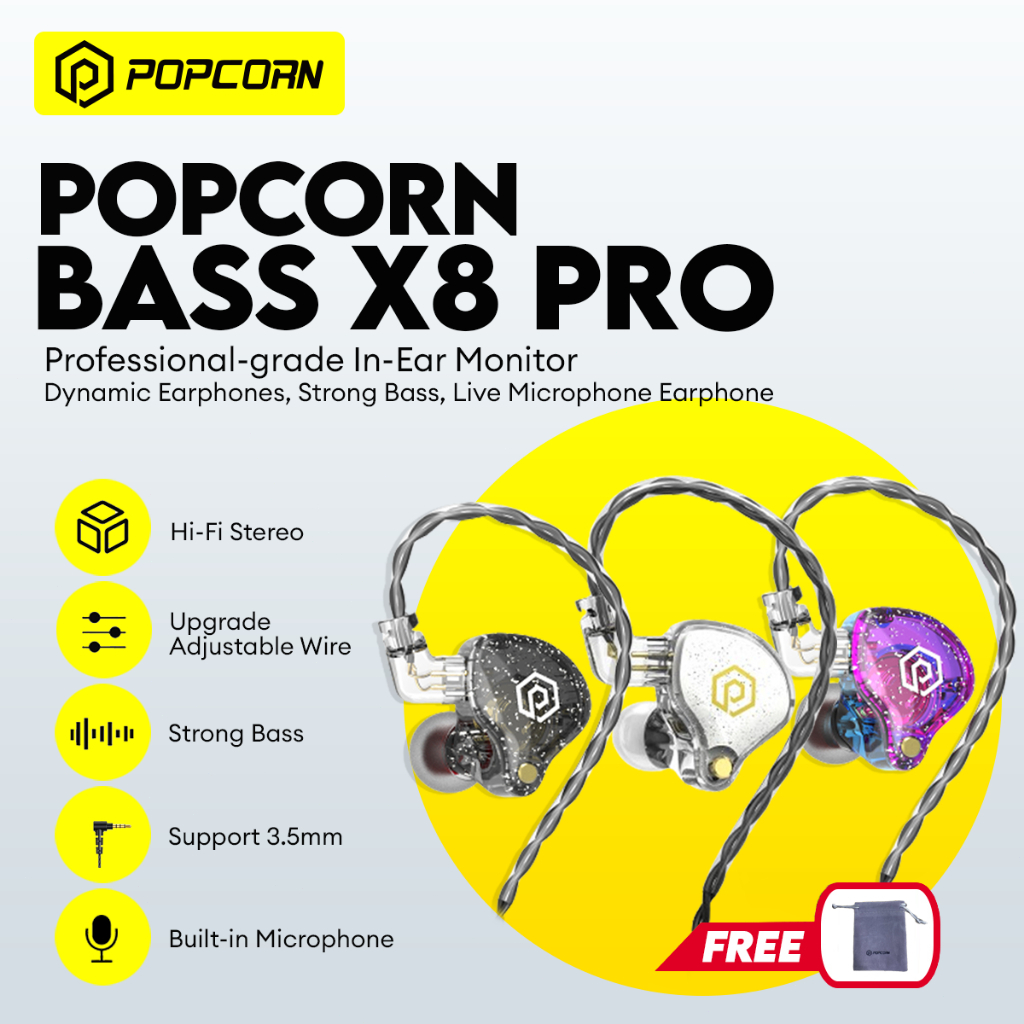 Jual Popcorn Bass X9 Pro/X8 Pro Dynamic Earphone HiFi Bass In-Ear ...