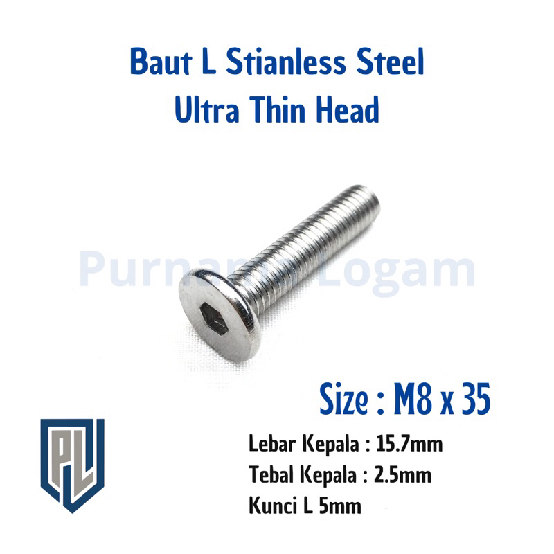 Jual Baut L Ultra Thin M8 x 35 ( Drat 12 Panjang 3,5 cm ) Stainless 304 Baut Soket Super Tipis ...