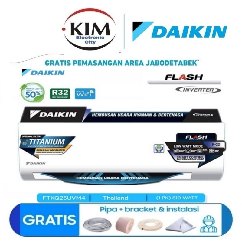 Jual AC DAIKIN 1 PK FTKQ25UVM 1 PK FLASH INVERTER THAILAND R32 [FREE INSTALASI+MATERIAL] GARANSI ...