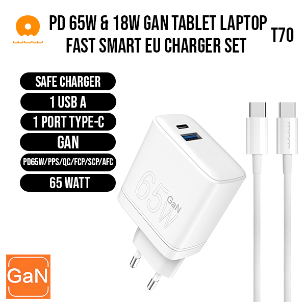 Jual WUW Charger Set T70 Mini GaN Charger Adapter Dual Port 65W USB ...