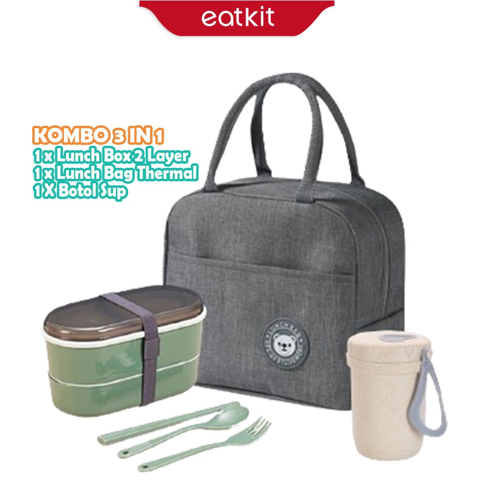 Jual eatkit 3in1 Kotak Makan Set Lunch Box Kotak Makan 700ml 2 Layers & Cangkir Soup Wheatstraw ...