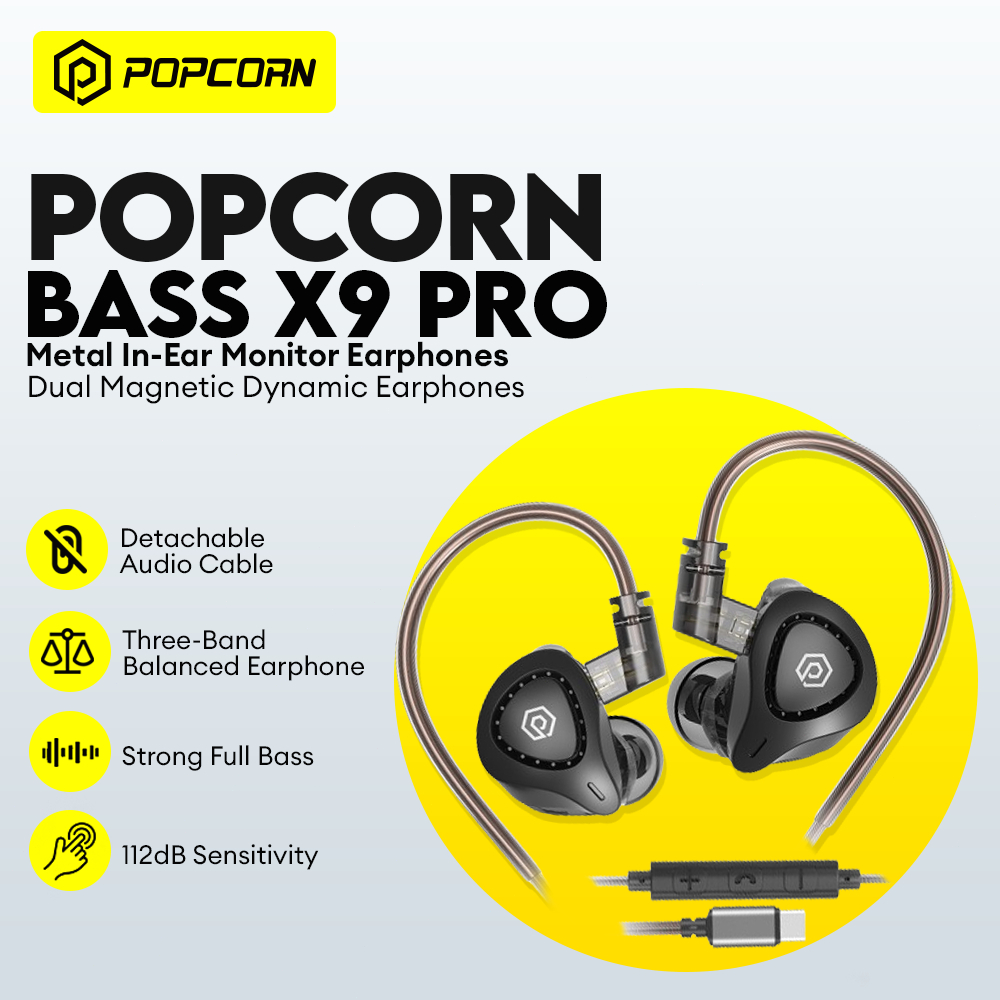 Jual Popcorn Bass X9 Pro/X8 Pro Metal Dynamic In Ear Earphone HIFI DJ ...