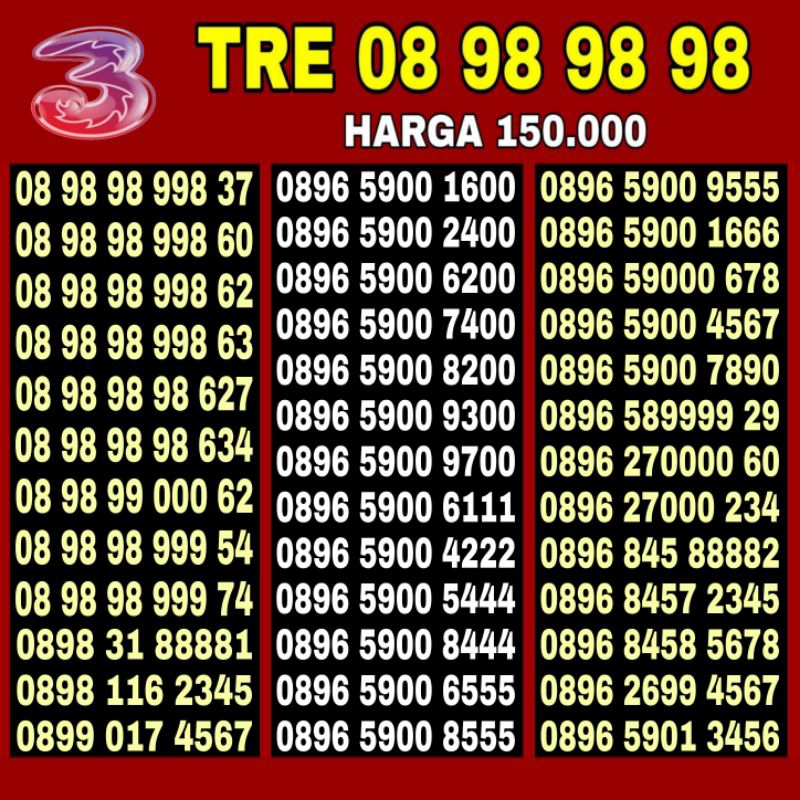 Jual Nomor Cantik Three 4G Kartu Perdana Tri Three 3 Murah | Shopee ...