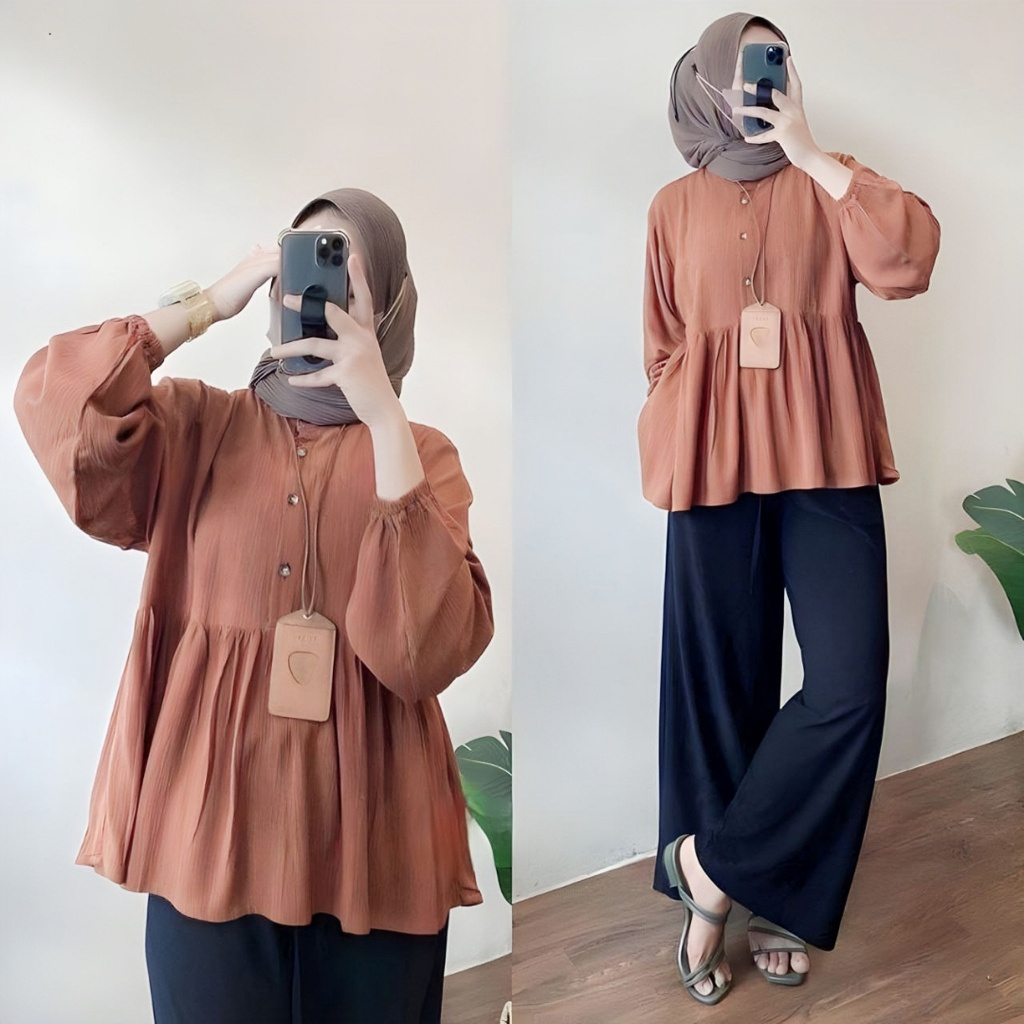 Jual Saguna Blouse Wanita Kekinian Lengan Panjang Rampel Depan Baju ...