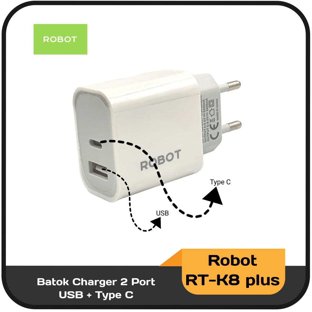 Jual Batok Charger 2 Port USB + Type C 2,4A Robot RT-K8 Plus 1 pcs ...