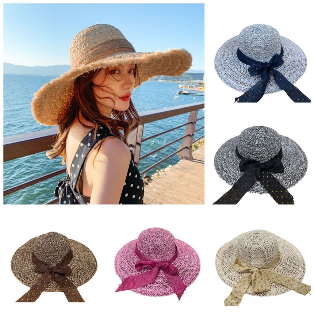 Jual MAY STAR Topi Pantai Rajut Pita Bintik Emas T12 | Shopee Indonesia