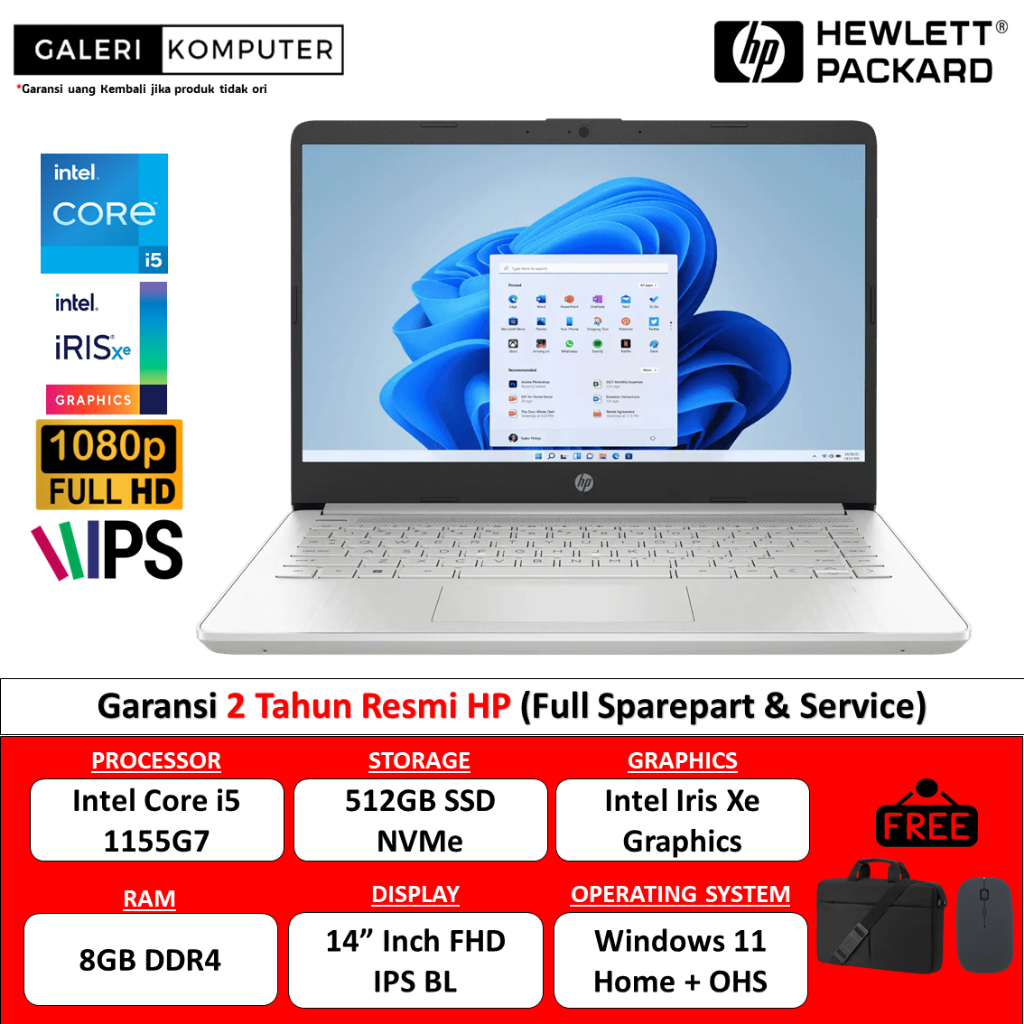 Jual LAPTOP HP 14S DQ4016TU INTEL I5 1155G7 16GB 512GB IRIS XE FHD IPS BL WINDOWS 11 + OHS ...