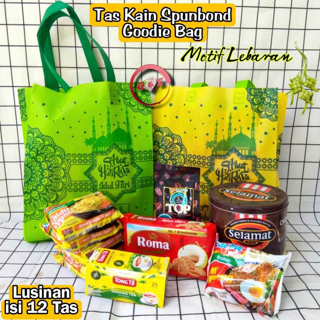 Jual Lusinan 12 Tas Kain Spunbond Goodie Bag Lebaran Idul Fitri 2025 Ukuran 30x40x10 Sedang ...