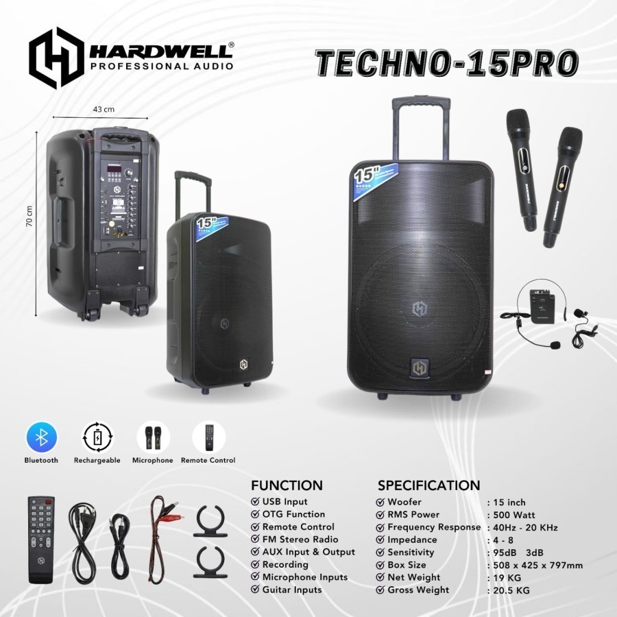 Jual Speaker Aktif Portable 500 watt 15 Inch HARDWELL TECHNO 15 PRO Wireless Karaoke ORIGINAL ...