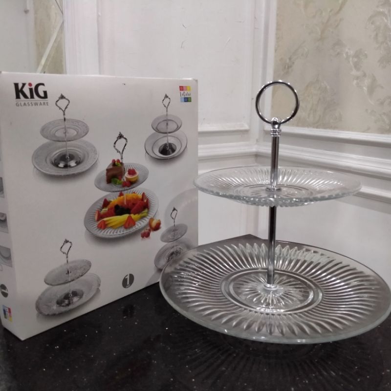 Jual Piring Kue Kaca High Tea Set KIG Le Color | Piring Saji Kue Kaca 2 Tingkat | Piring Penyaji ...