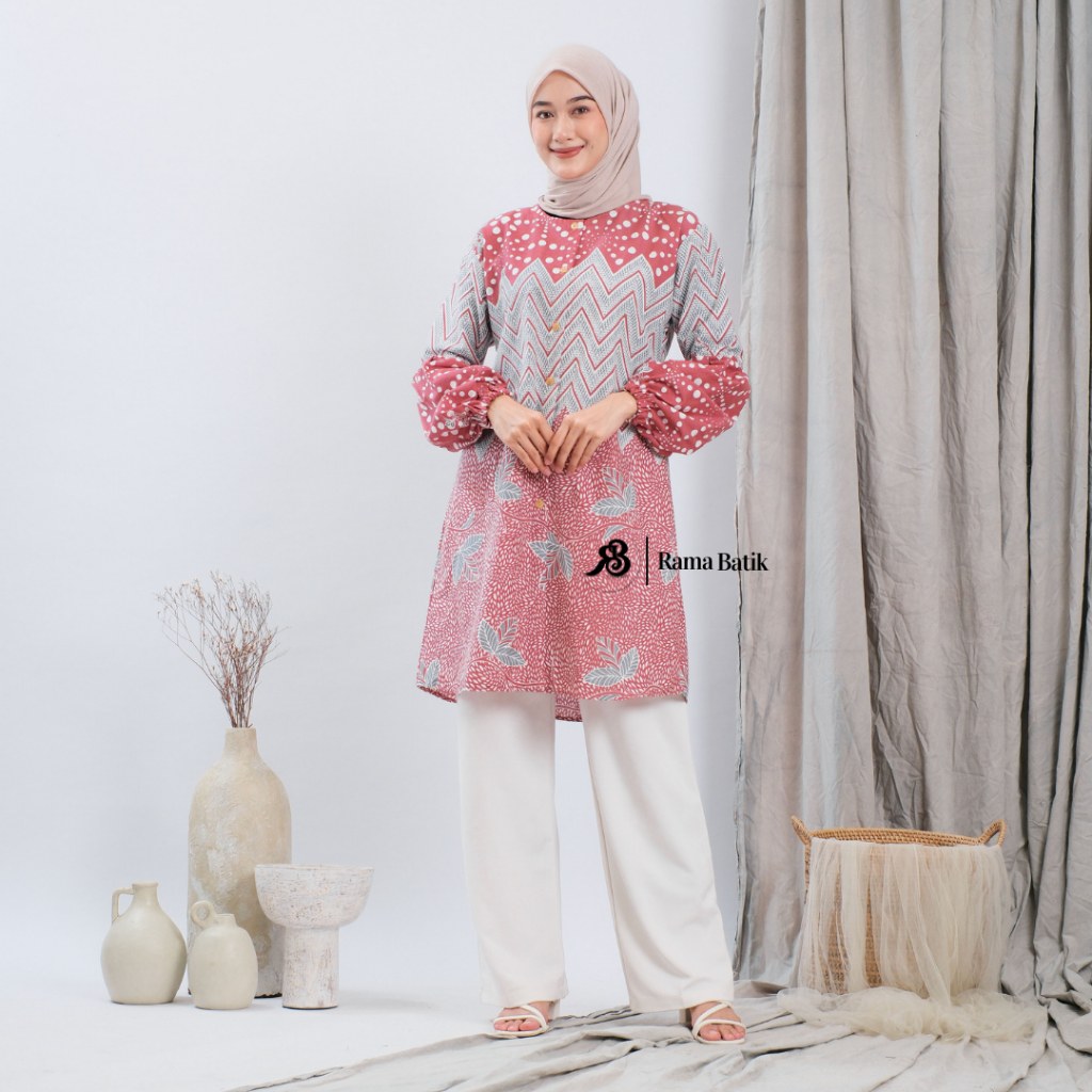 Jual Tunik Batik Wanita Modern Tunik Kancing Lengan Balon Warna Soft ...