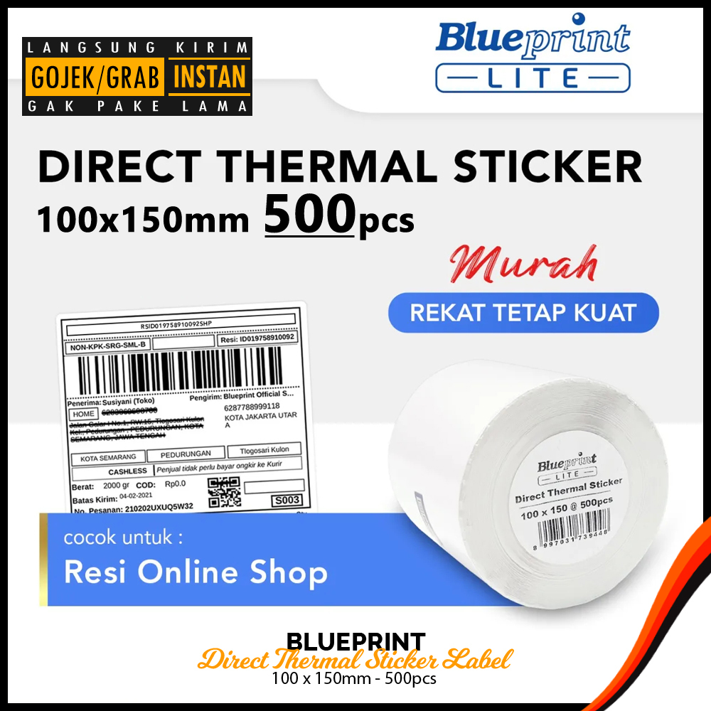 Jual Blueprint Direct Thermal Sticker Label Resi 100x150mm 500pcs - Stiker Barcode Alamat ...