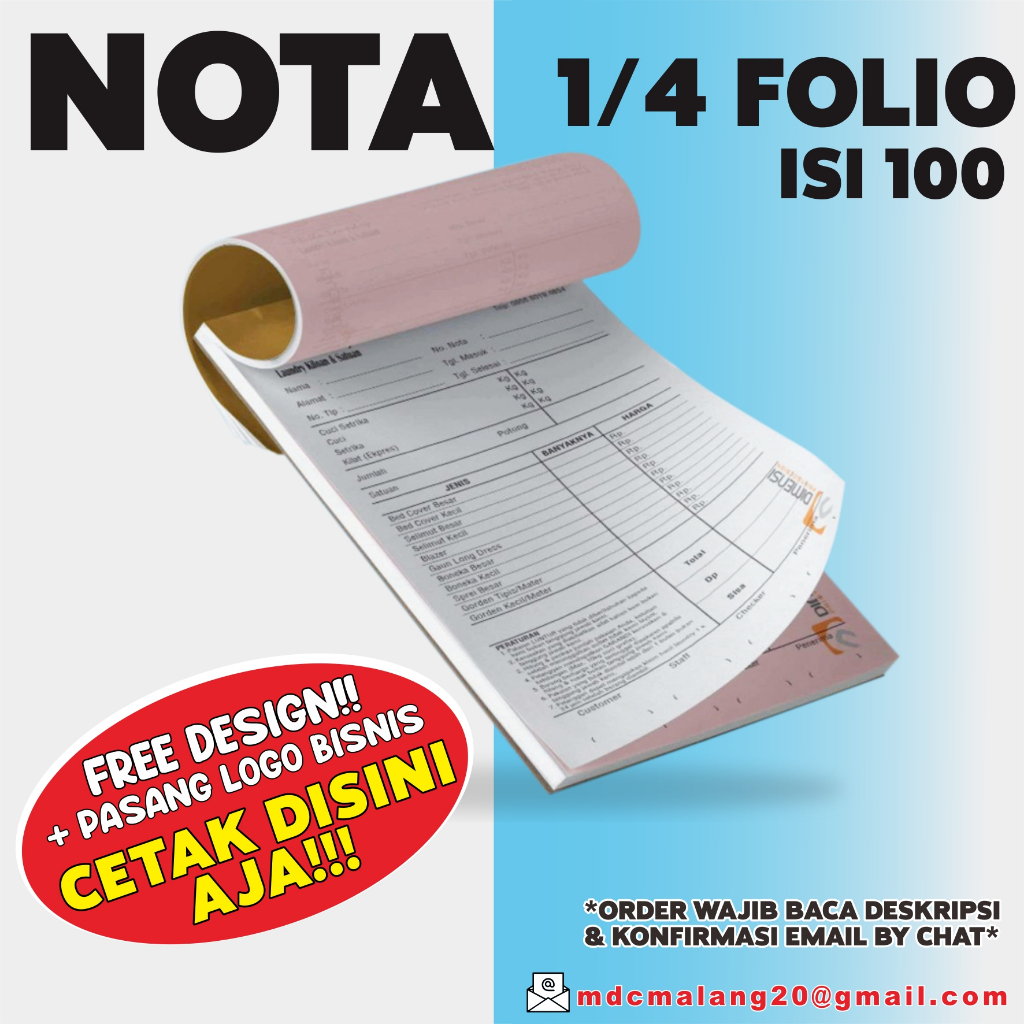 Jual NOTA 1 WARNA 1/4 FOLIO ISI 100 LEMBAR - CUSTOM DESAIN LOGO ...