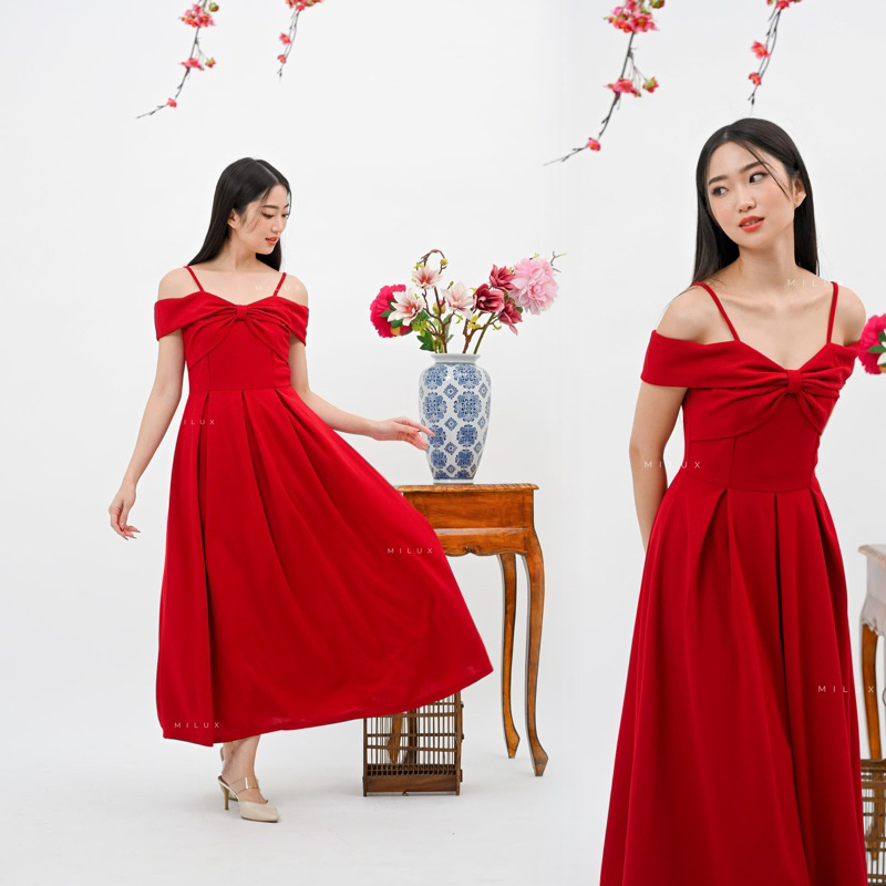 Jual DRESS MERAH WANITA GAUN WOMEN PANJANG RED SABRINA MX220 | Shopee ...