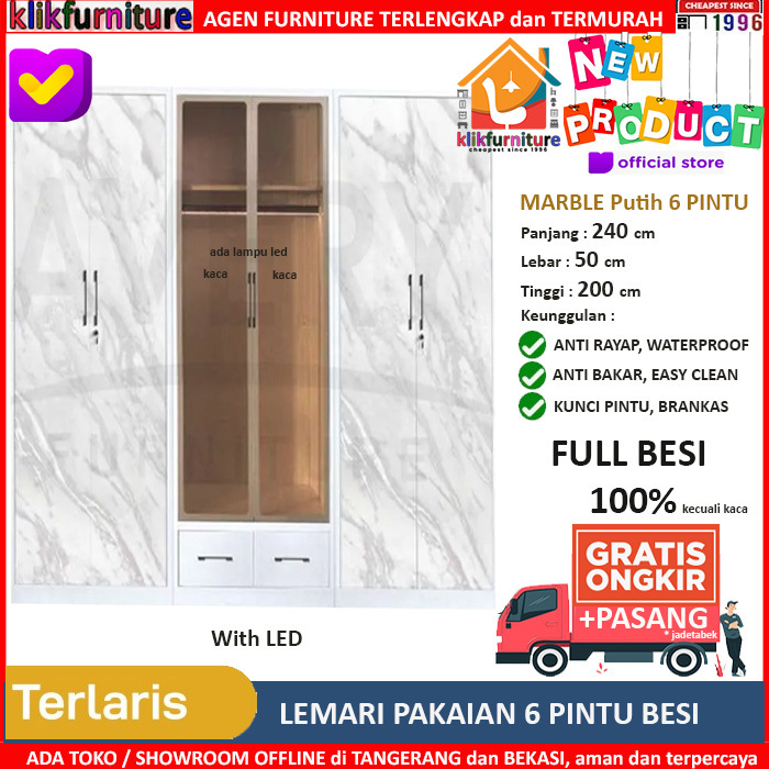 Jual Lemari Pakaian Besi 6 Pintu + Laci MARBLE Putih 6P with LED ...