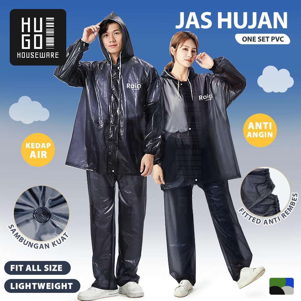 Jual HUGO Jas Hujan Pria dan Wanita Terbaik Tebal Kain PVC Anti Rembes Elastis Premium | Shopee ...