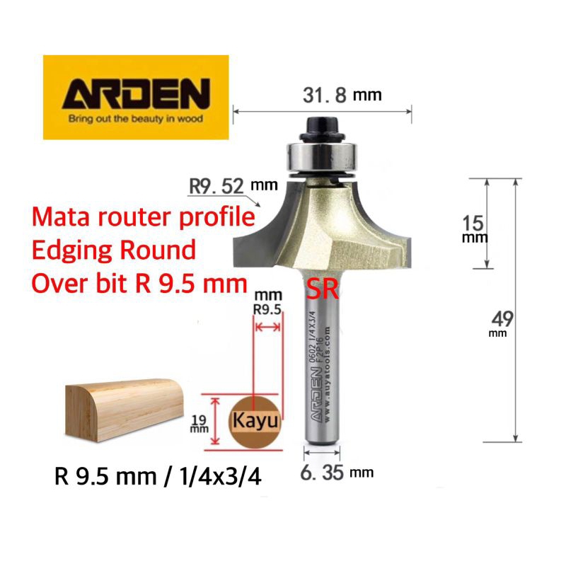 Jual Mata Router Profil Round Over Bit 10mm (1/4×3/4×R 9.5 mm) ARDEN ...