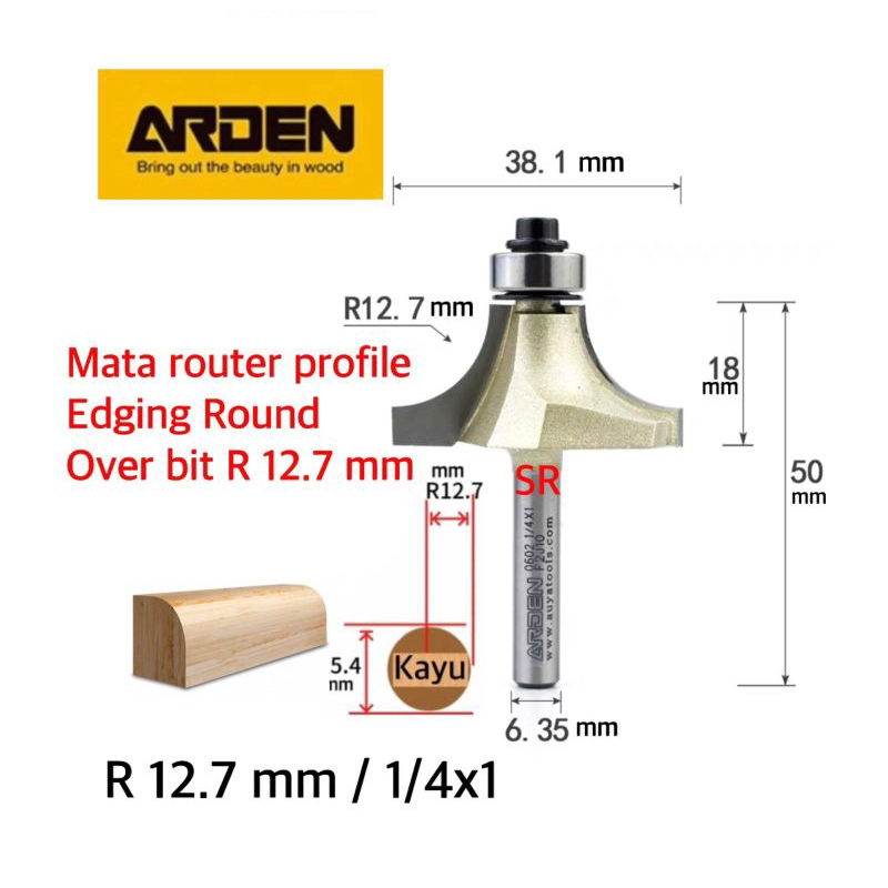 Jual Mata Router/ Profil Round Over Bit 12 mm (1/4×1×R 12mm) ARDEN ...