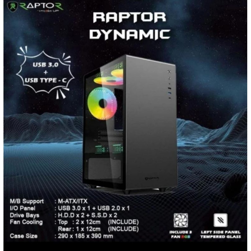 Jual Casing PC Power UP Raptor Dynamic + 3 Fan RGB USB 3.0 mATX ...