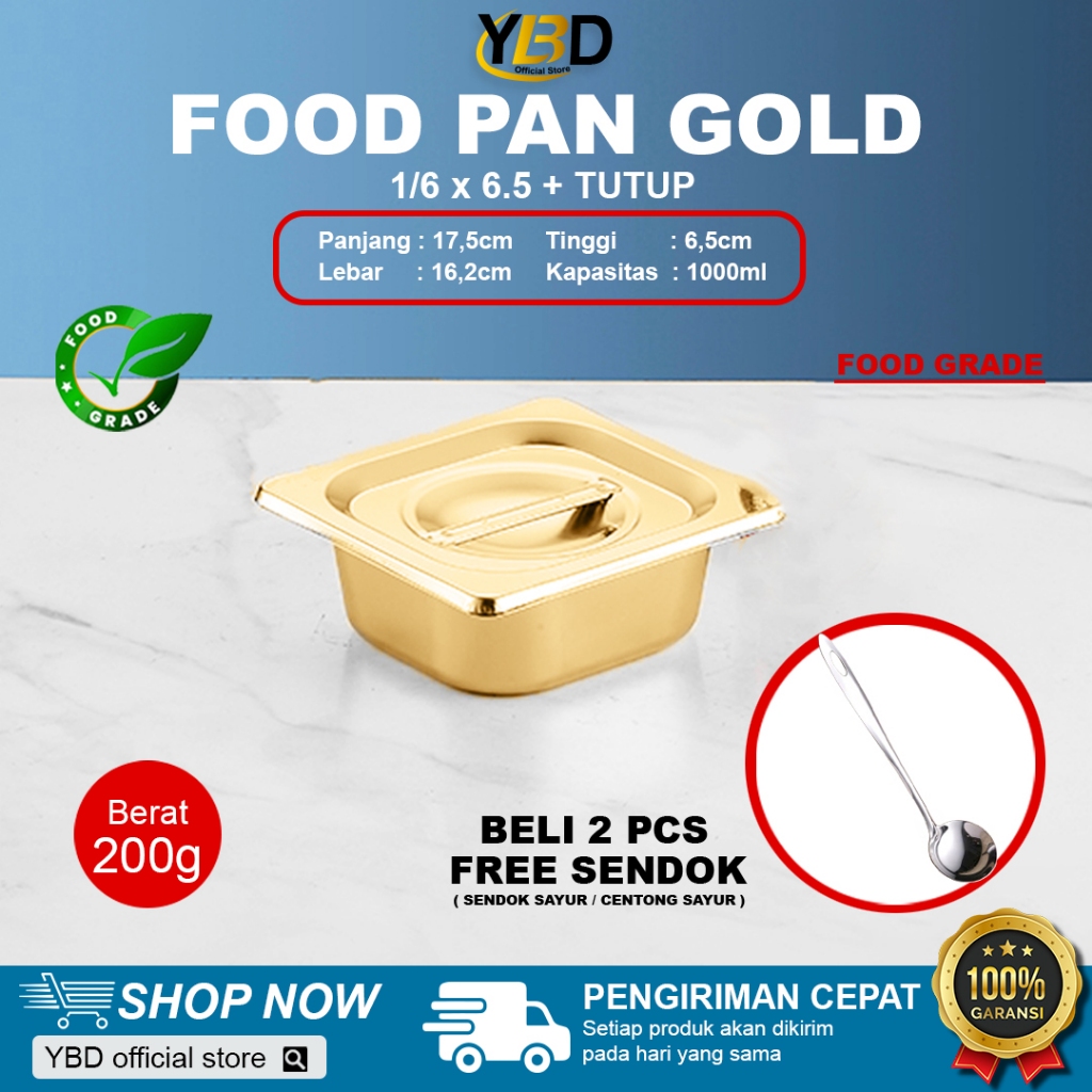 Jual Food pan GOLD + TUTUP stainless 1/6 x 6.5 cm | Wadah food pan ...