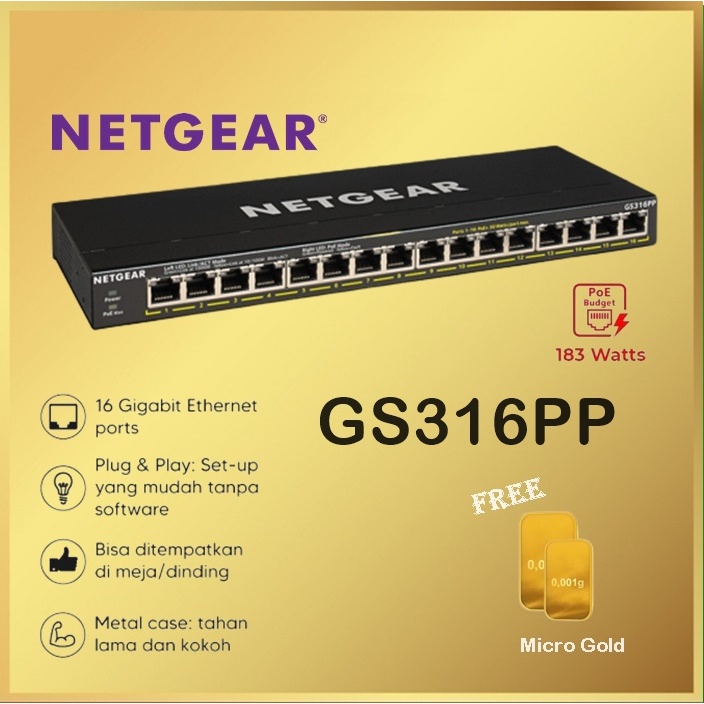 Jual Netgear GS316PP 16 Port Gigabit Unmanaged High Power PoE + Switch ...