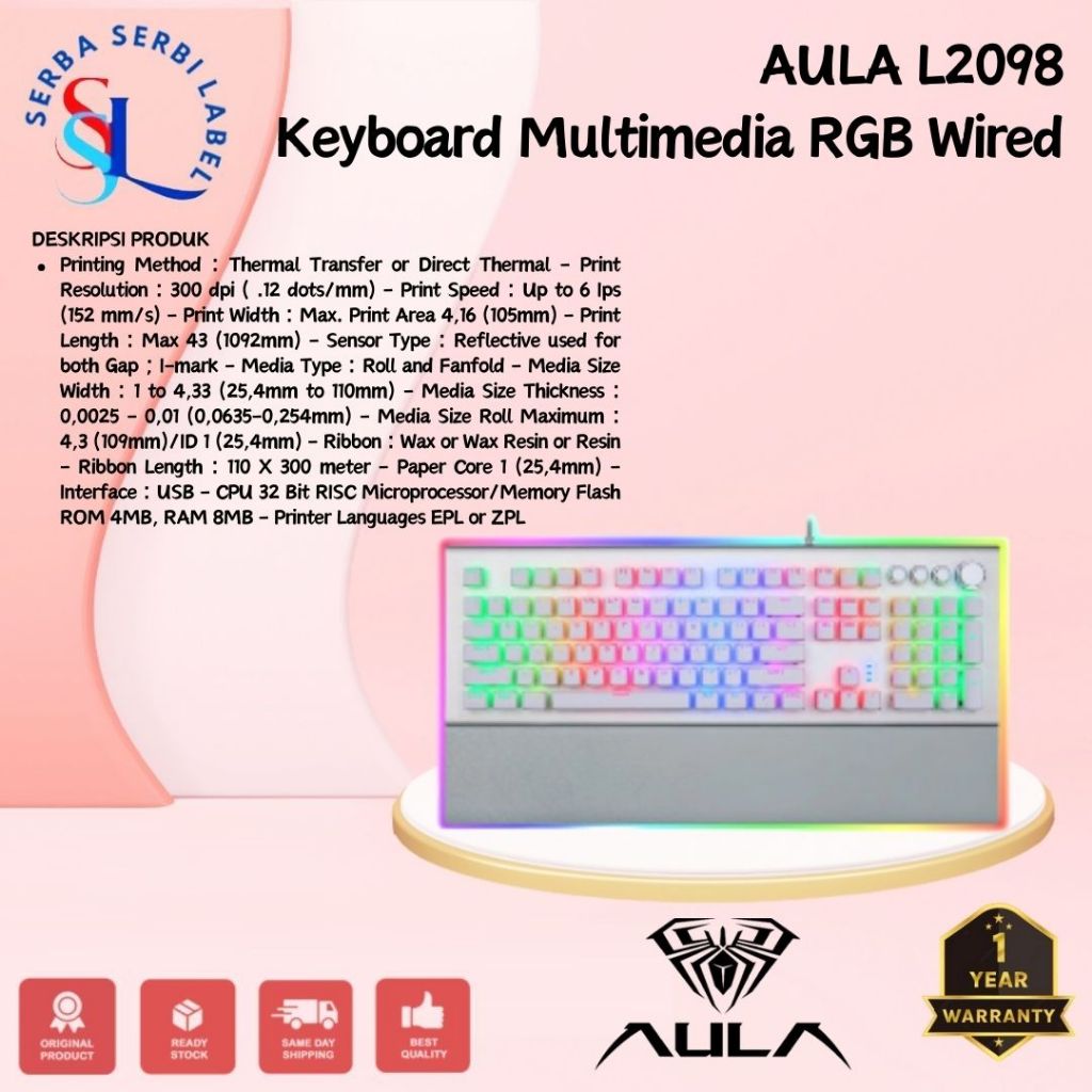 Jual Keyboard Gaming Mechanical AULA L2098 Multimedia RGB Wired - L ...