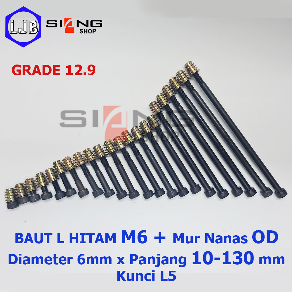 Jual Baut L Hitam M6 dan Mur Nanas OD Panjang 10 sd 130mm | Shopee Indonesia