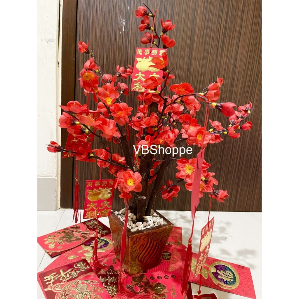 Jual pohon 50cm cherry blossom meihua pink merah bonus gantungan angpao ...