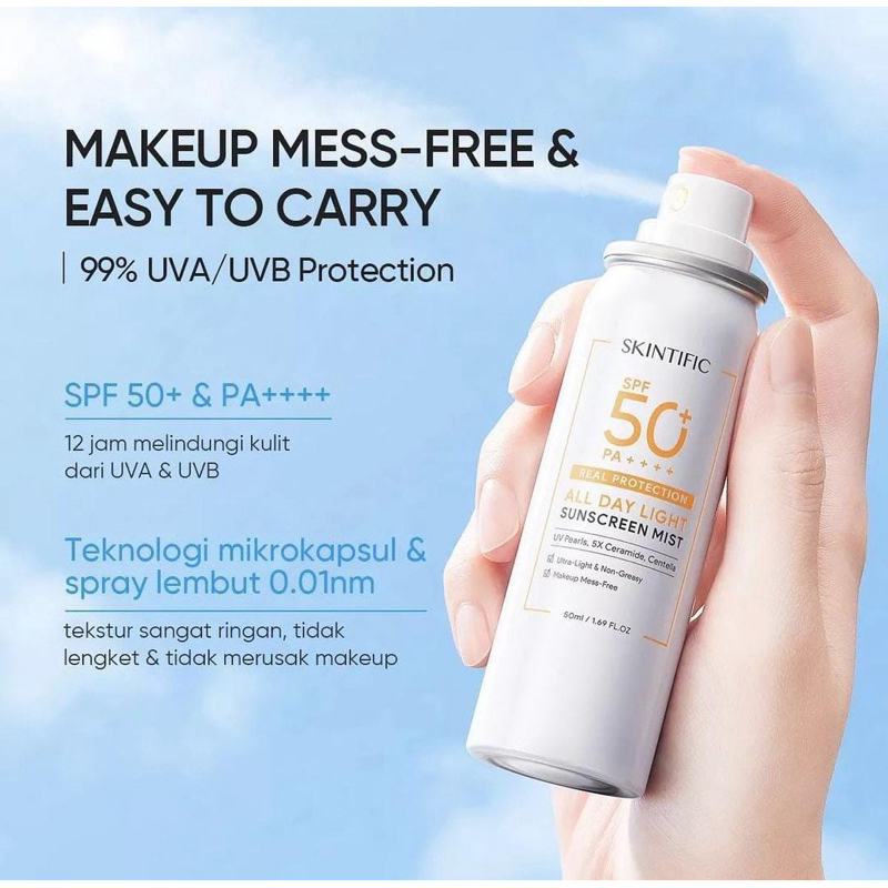 Jual READY COD SKINTIFIC ALL DAY LIGHT SUNSCREEN MIST SPF 50 PA ...
