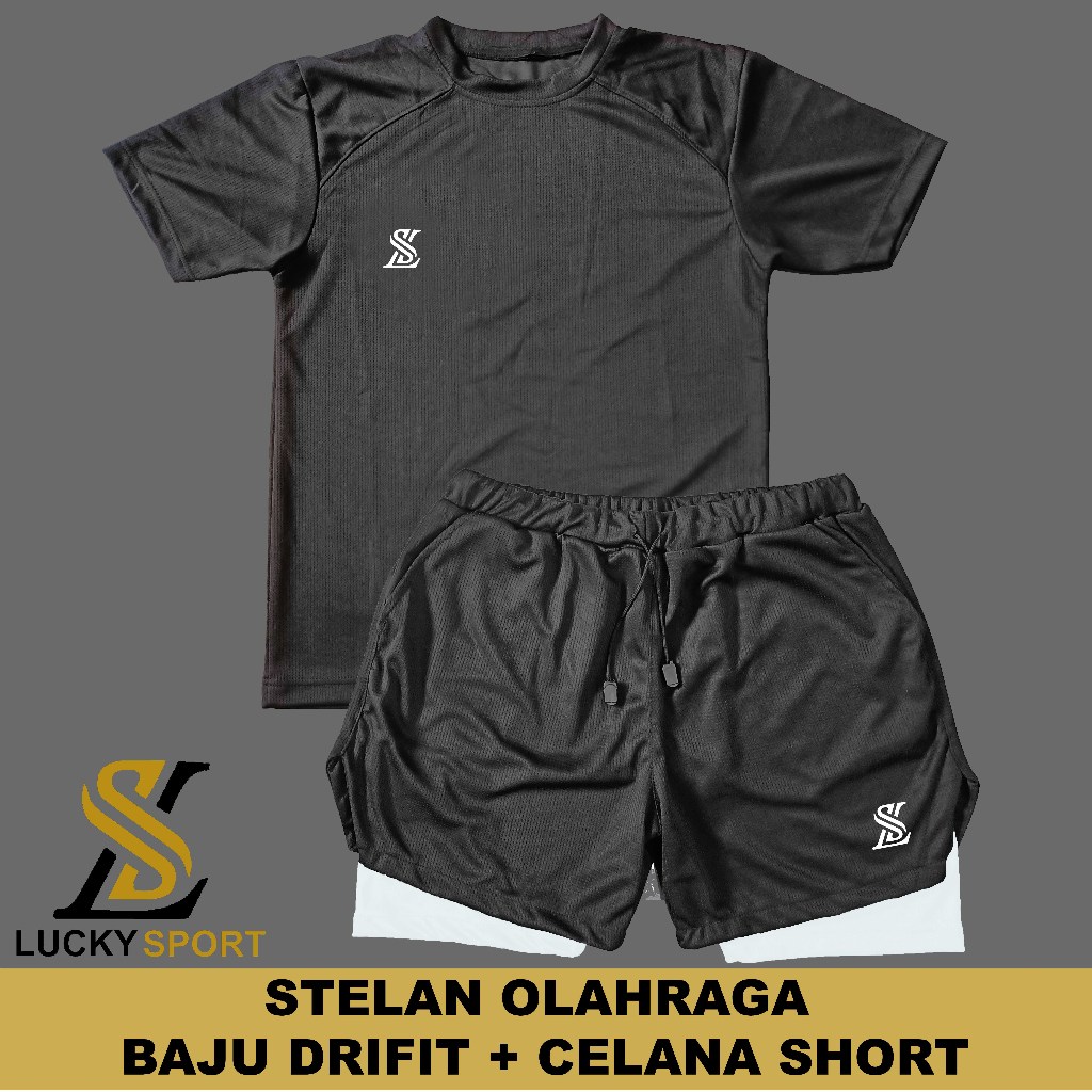 Jual Setelan Olahraga Pria Double Layer 1 Set Baju Kaos Dryfit Celana ...