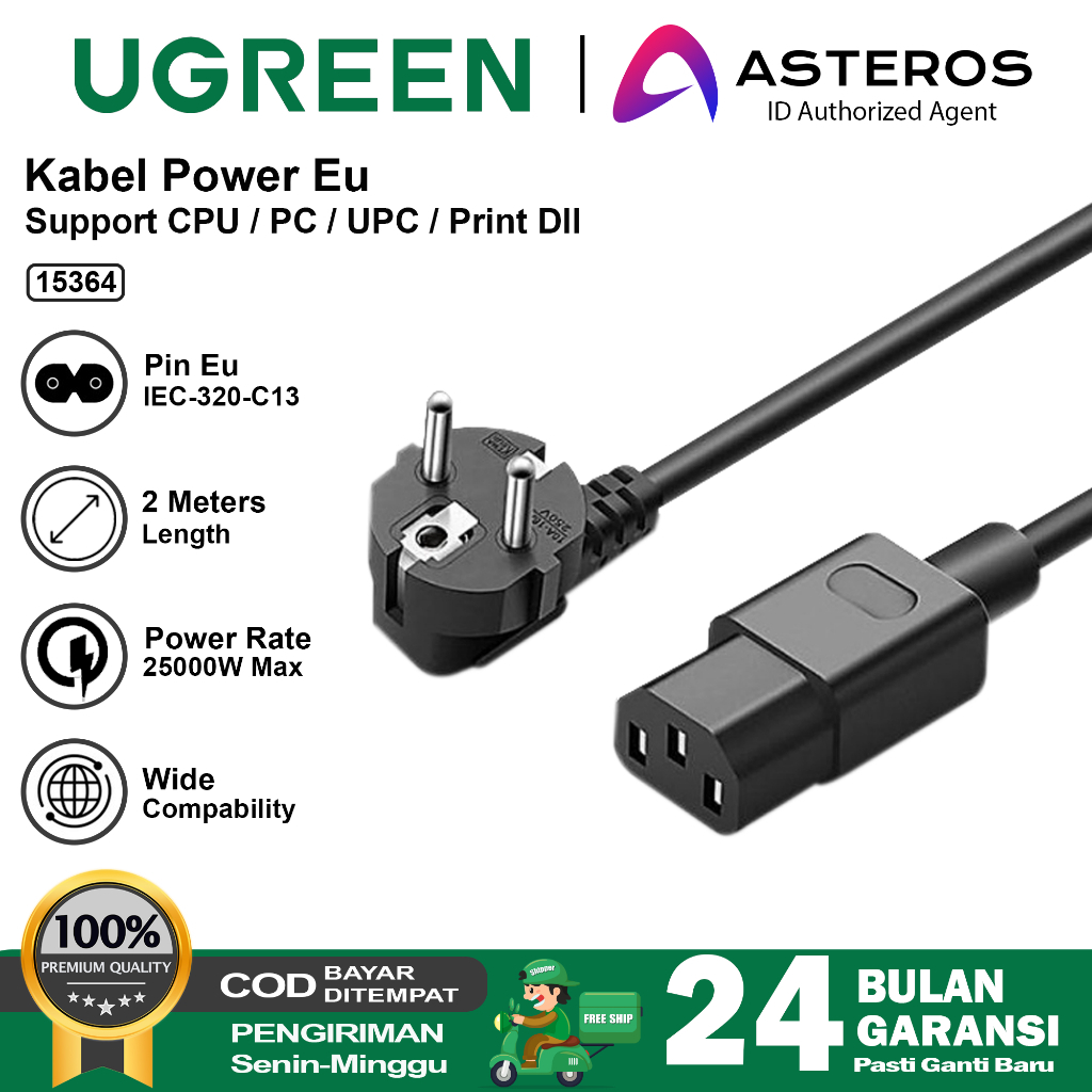 Jual UGREEN Kabel Power PC, CPU, Komputer, UPS, Printer 2 Meter ...