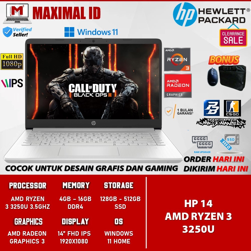 Jual PROMO Laptop Gaming Murah HP 14 AMD Ryzen 3 3250U RAM 16GB 512GB ...