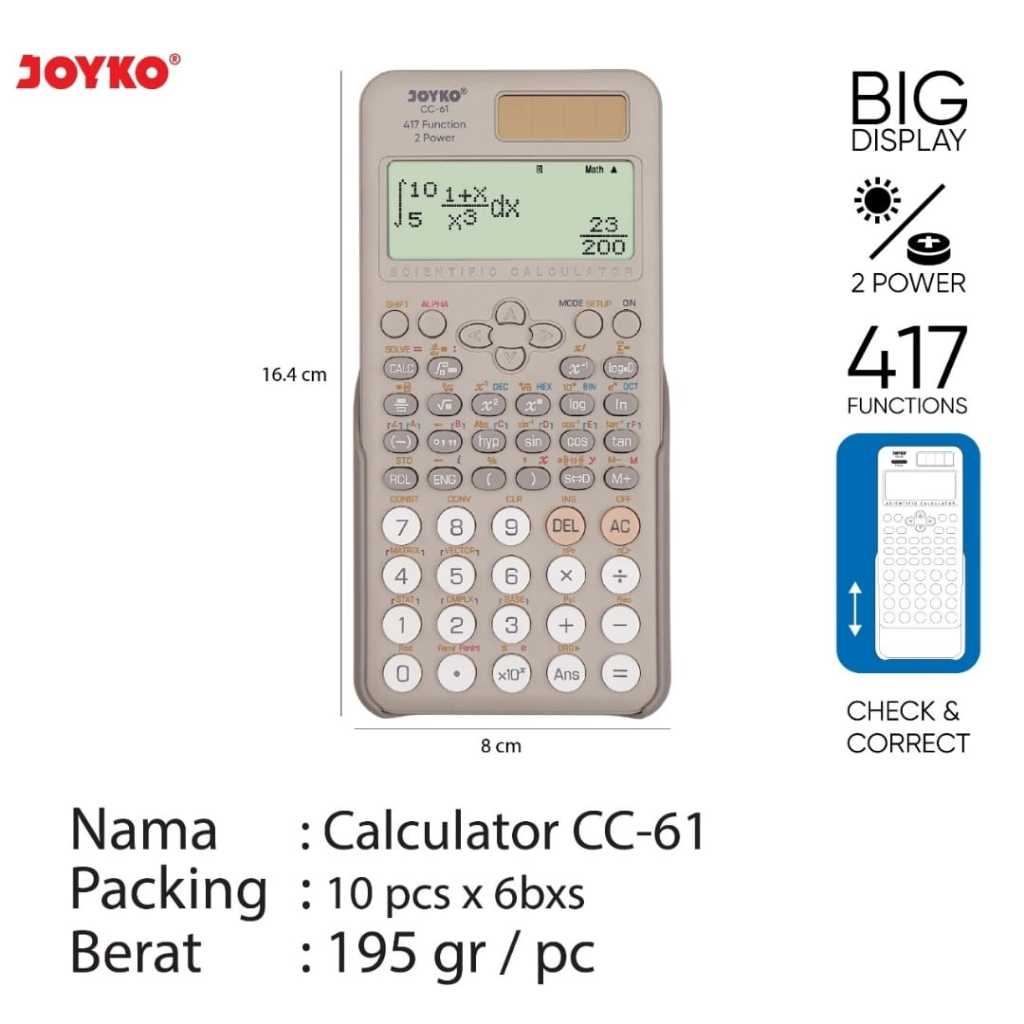 Jual kalkulator calculator joyko cc 61 scientific 4 line 417 fungsi solar cell dual power ...