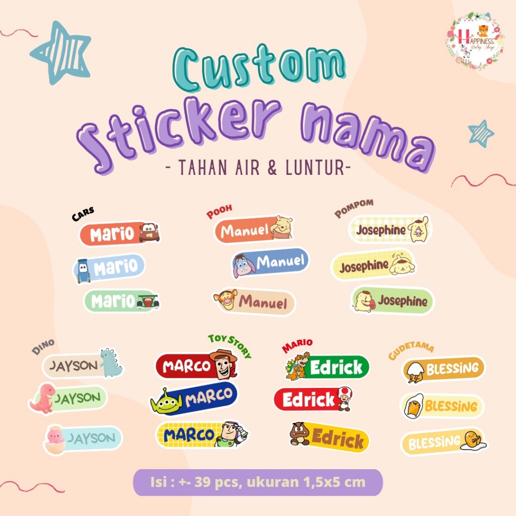 Jual (ISI 39) Sticker Label Nama Anak / Sticker Custom Nama Karakter ...