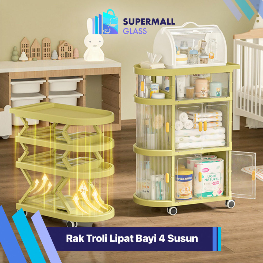 Jual Supermall Glass COD Rak Troli Lipat Bayi Roda 4 Susun | Rak Penyimpanan Serbaguna | Troli ...