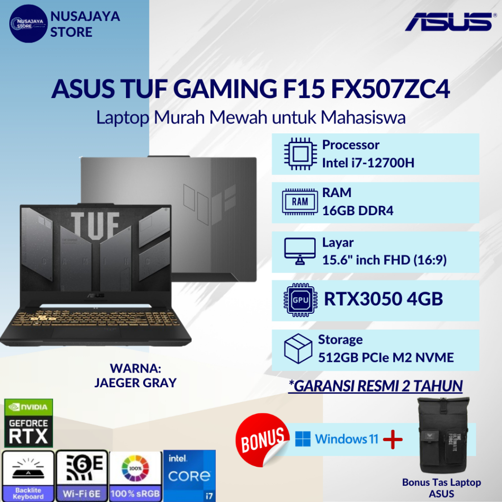 Jual ASUS TUF GAMING F15 FX507ZC4 i7-12700H 16GB 512GB RTX3050 15.6 ...