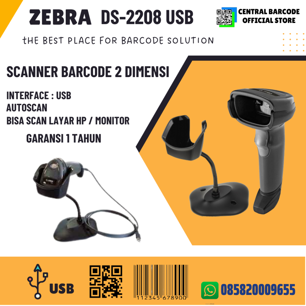 Jual ZEBRA Barcode Scanner Symbol DS2208 Scanner Barcode DS 2208 1D 2D ...