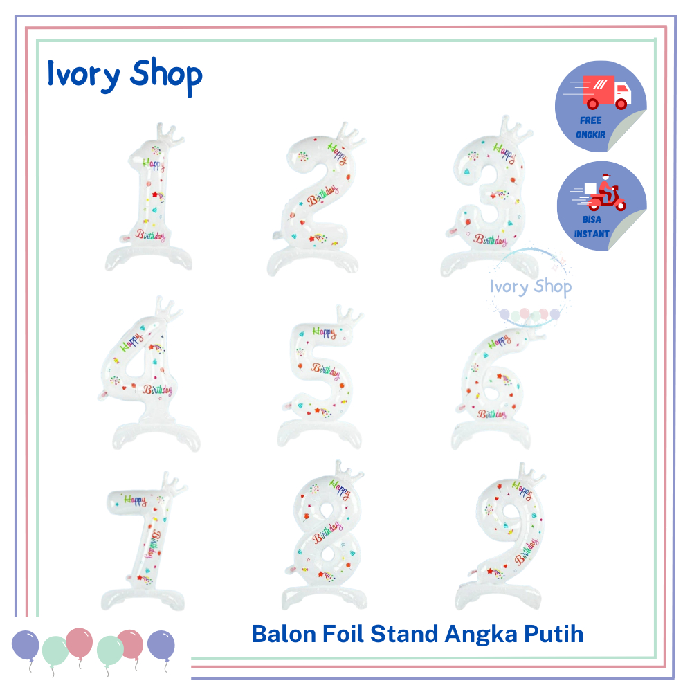 Jual Balon Foil Angka Putih Medium Happy Birthday ada Dudukan Stand 0-9 ...