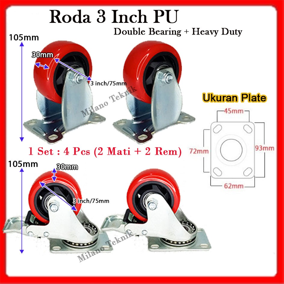 Jual Roda 3 inch PU 1set (2Mati+2Rem)+Double bearing Heavy Duty Roda ...