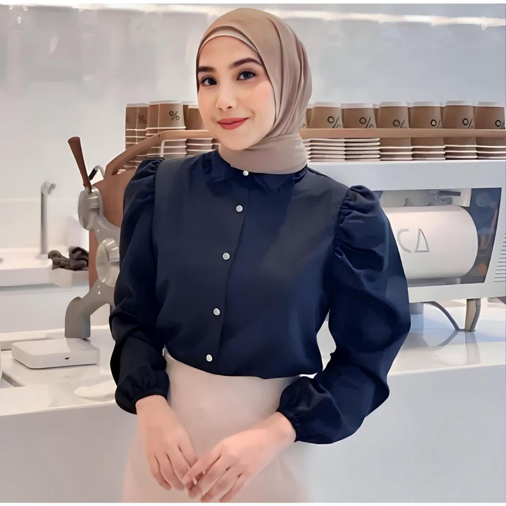 Jual Kemeja Polos Lengan Balon Blouse Elze Atasan Wanita Shakila Twill ...